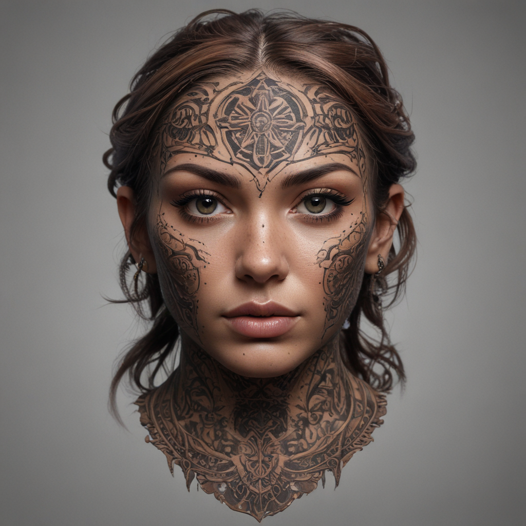 Intricate Black Ink Tattoos Adorn the Face and Neck of a Young Woman