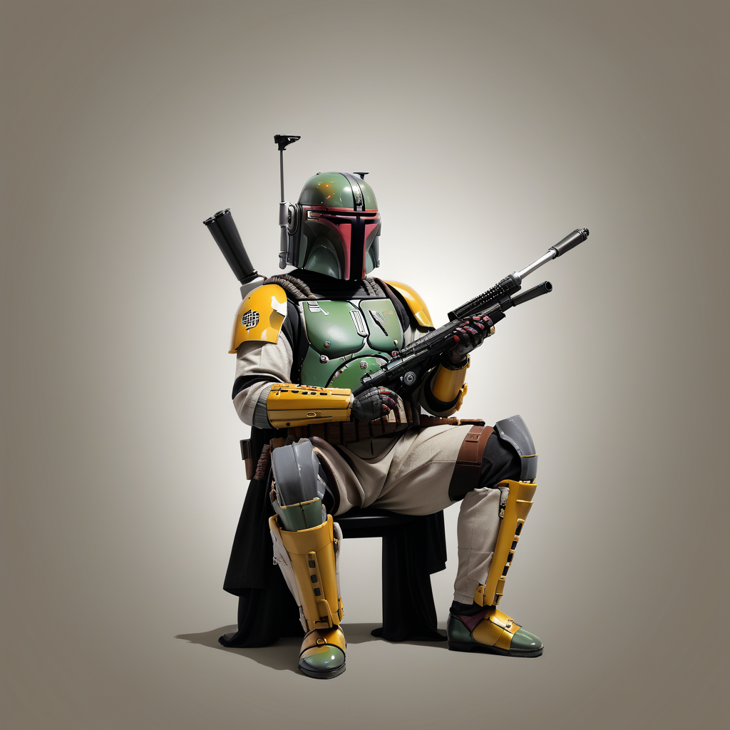 Bounty Hunter Boba Fett Sitting Confidently with His Signature Weapons