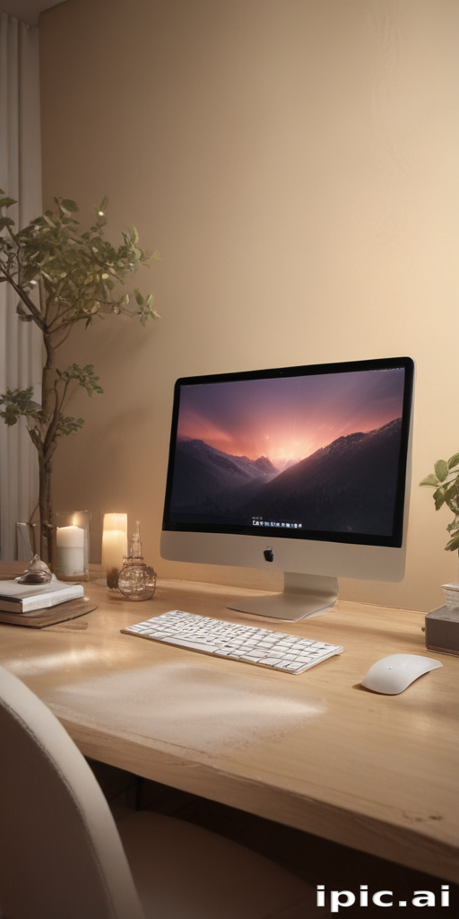 Cozy Workspace with Elegant Apple Computer and Serene Natural Elements