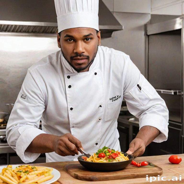 Passionate Chef Carefully Plating Delicious Pasta Dish in Modern Kitchen