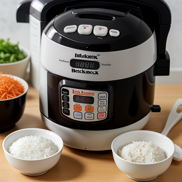 Modern Rice Cooker with Two Bowls of Cooked Rice and Fresh Vegetables