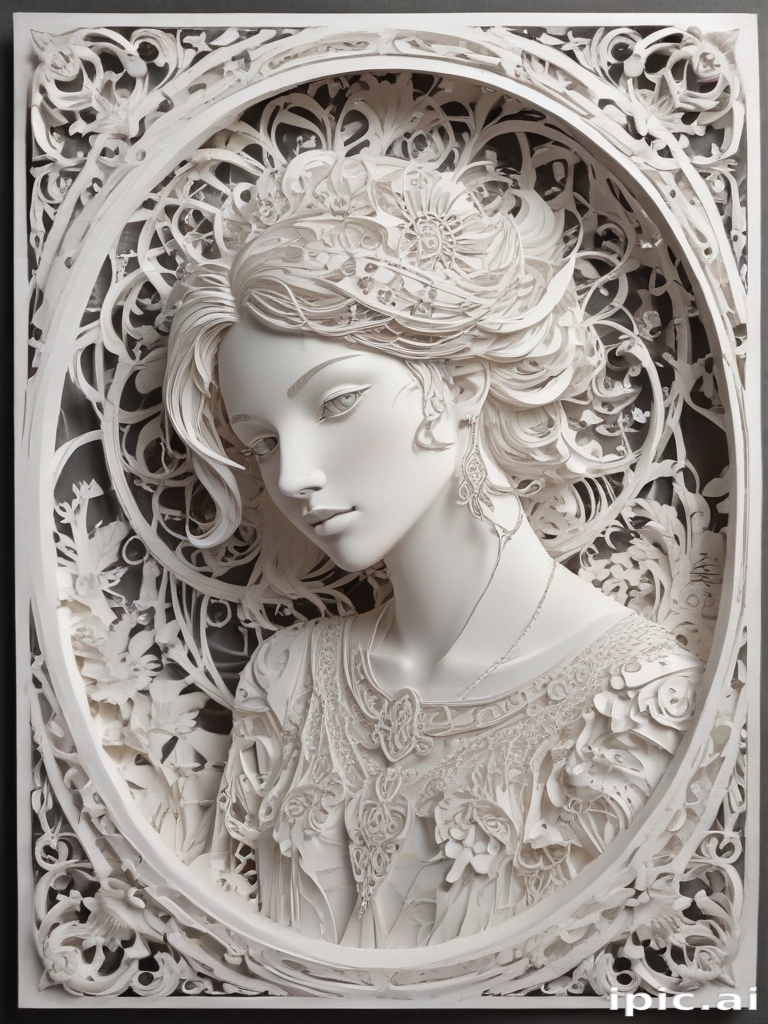 Intricate White Paper Sculpture of a Woman Surrounded by Floral Patterns