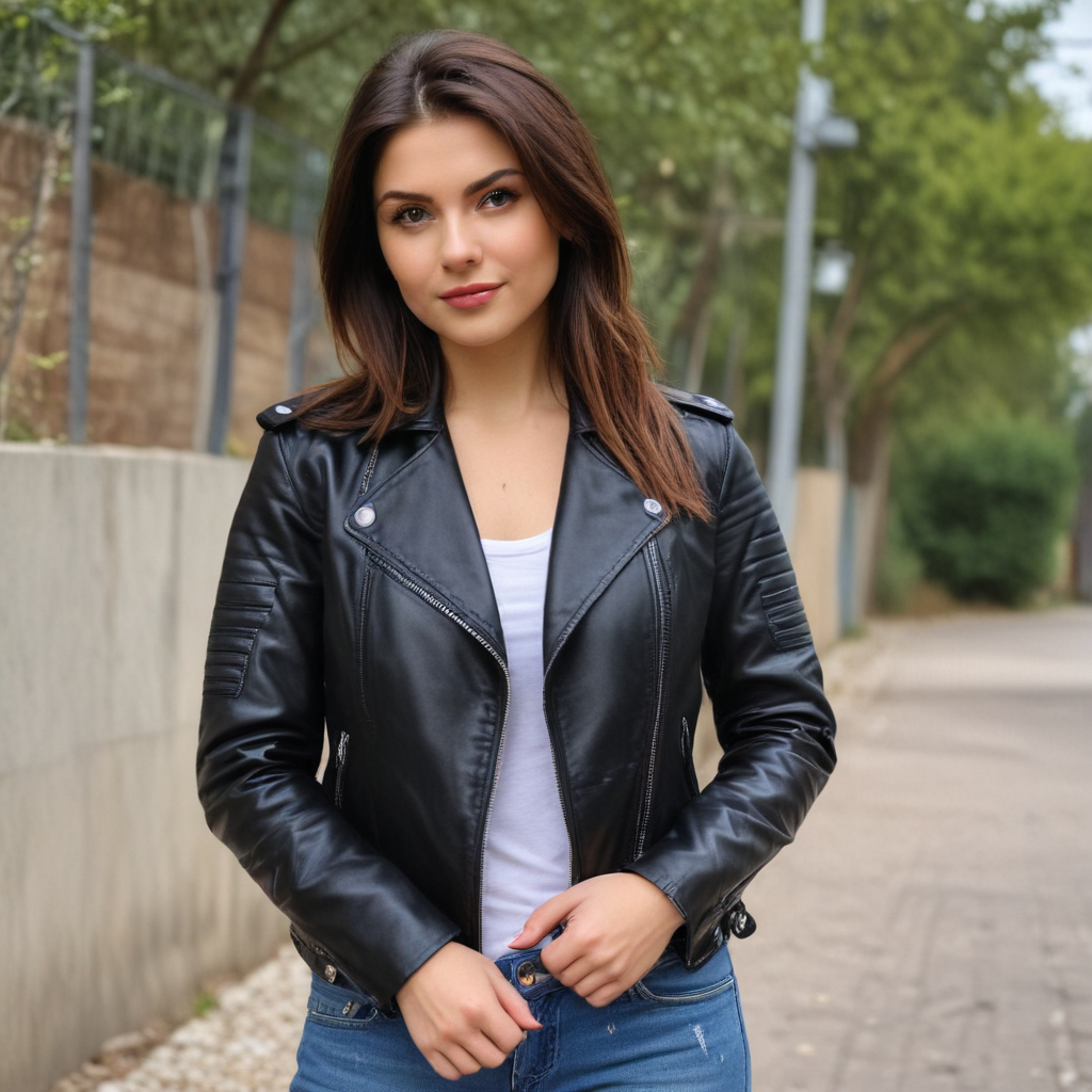 Dorsa in a biker jacket, glances shyly at you