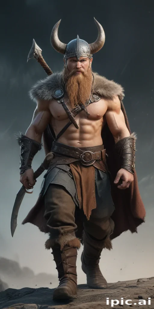 Epic Viking Warrior with Horned Helmet and Battle-Ready Stance