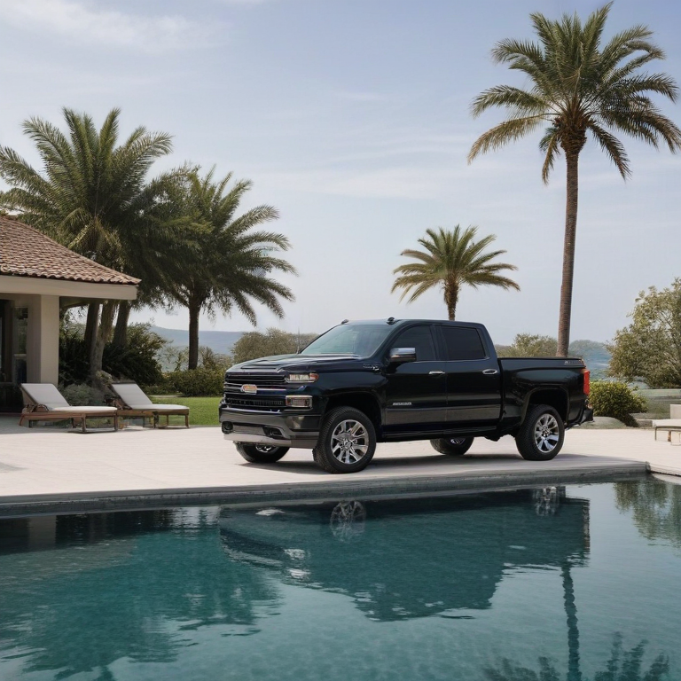 Black Chevy Silverado next to island swimming pool