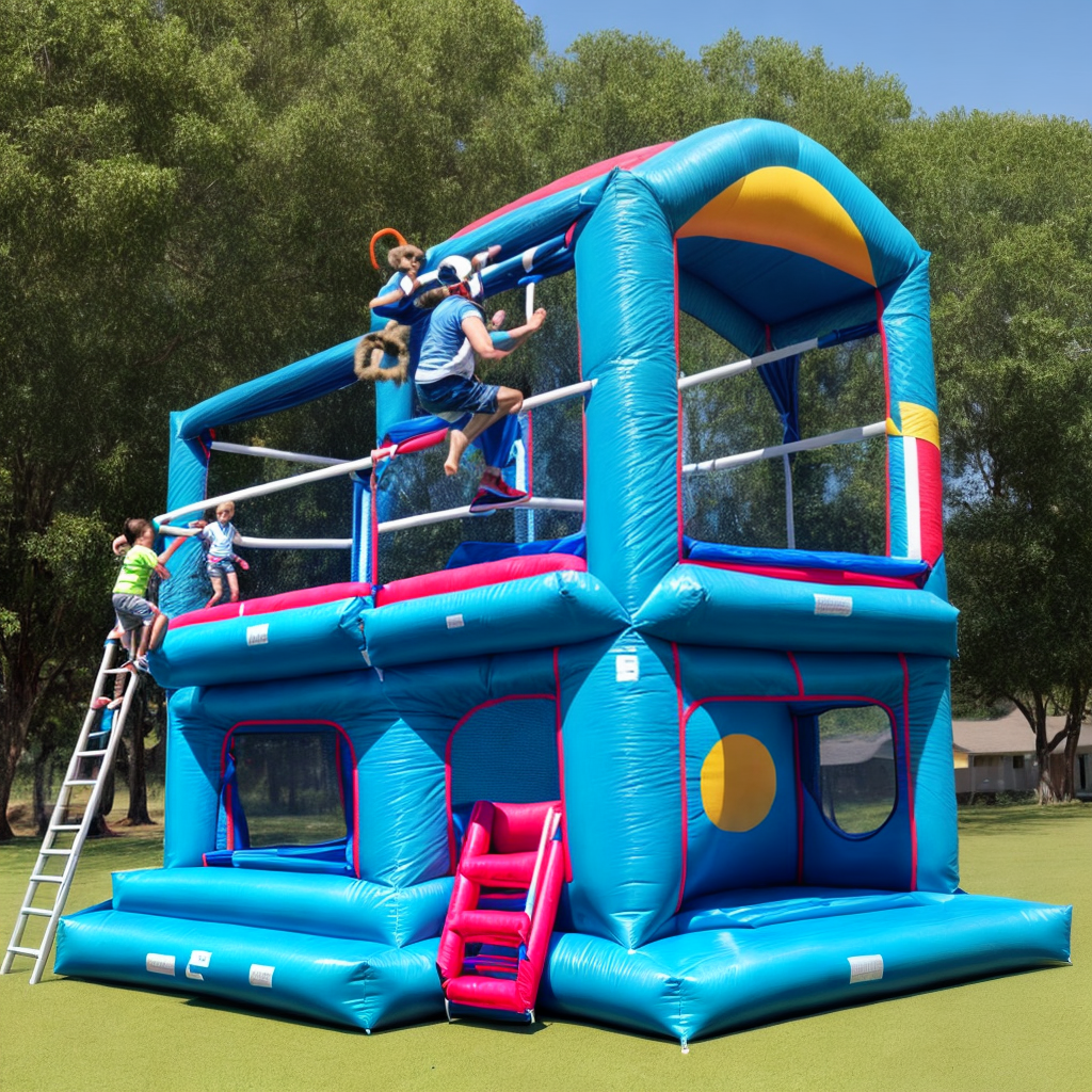Monkey rolling up a bounce house