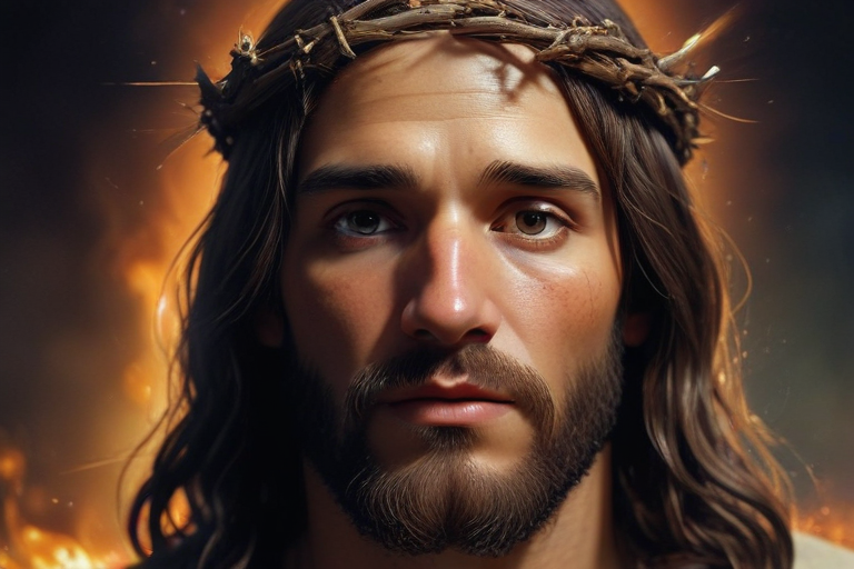 An Intense Portrait of a Christ-like Figure Surrounded by Flames