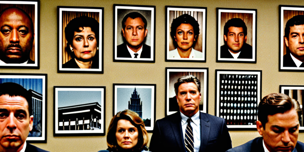 FBI team posing in front of a wall full of photos of famous criminals