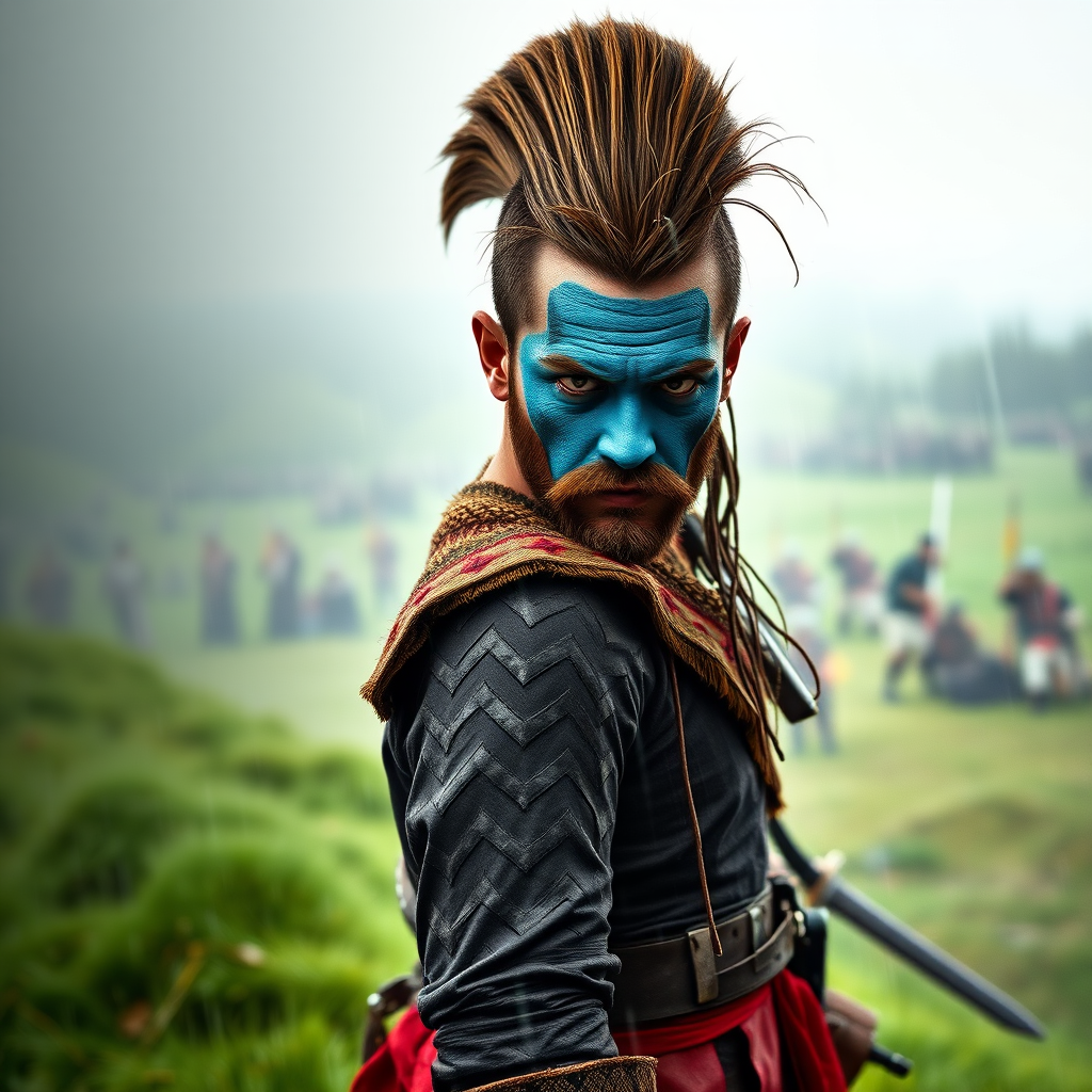 Warrior with Blue Face Paint in a Misty Battlefield Landscape