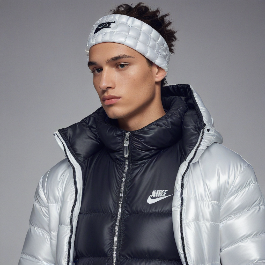 Male supermodel nike shiny puffer jacket bling jewellery hood headband