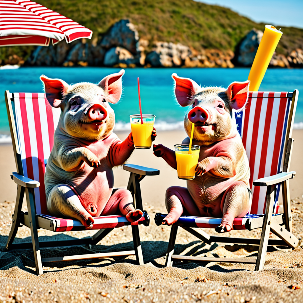 2 cute pigs sitting on beach chair drawing pictures and drinking lemonade