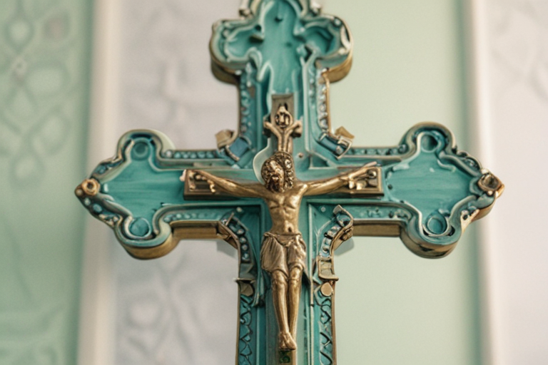 orthodox cross close up seen from aside pale green light blurred background