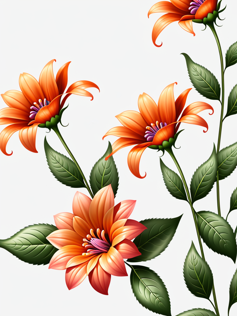 Vibrant Orange Floral Design with Lush Green Leaves and Petals