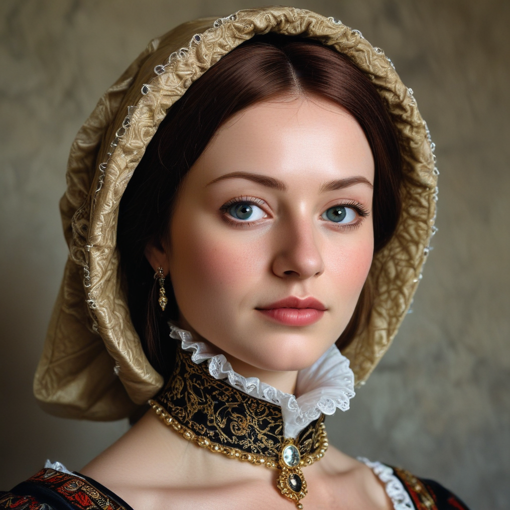 English tudor lady, detailed portrait, hooked nose