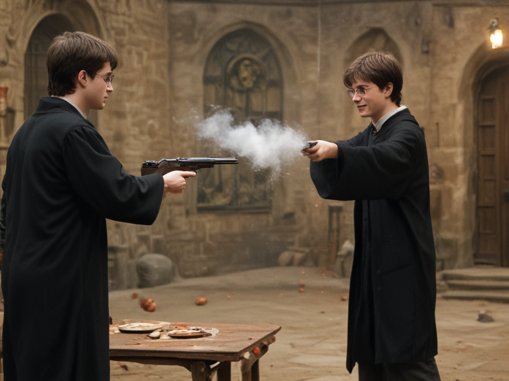 harry potter shooting a shotgun at a flying plate