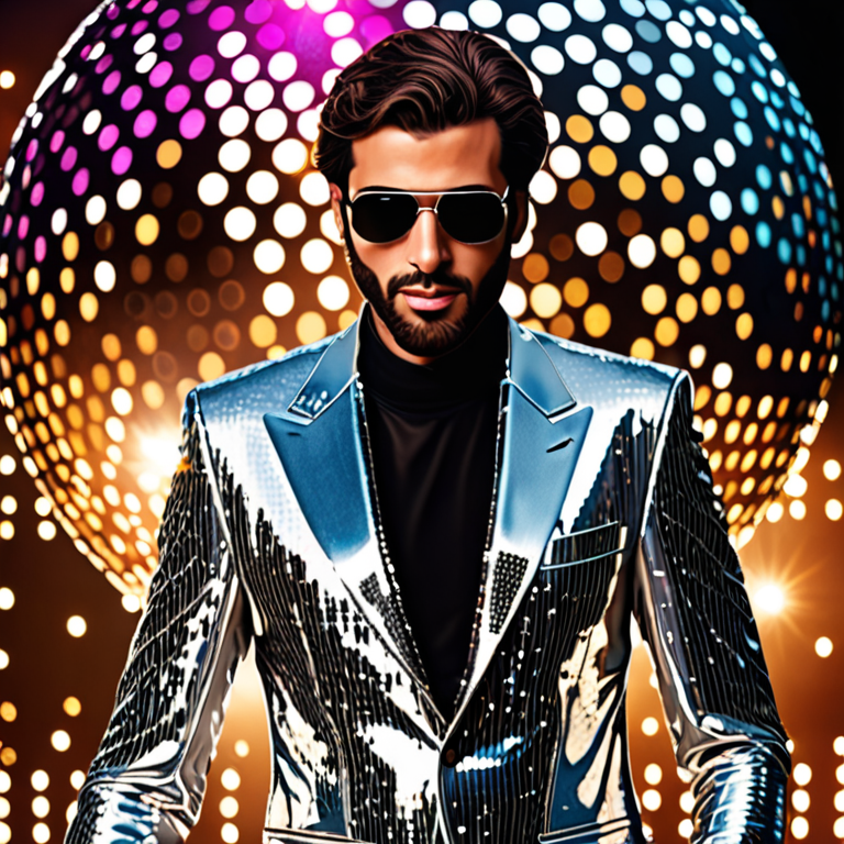 disco balls in the background. tall man. arabic race. in disco suit ...