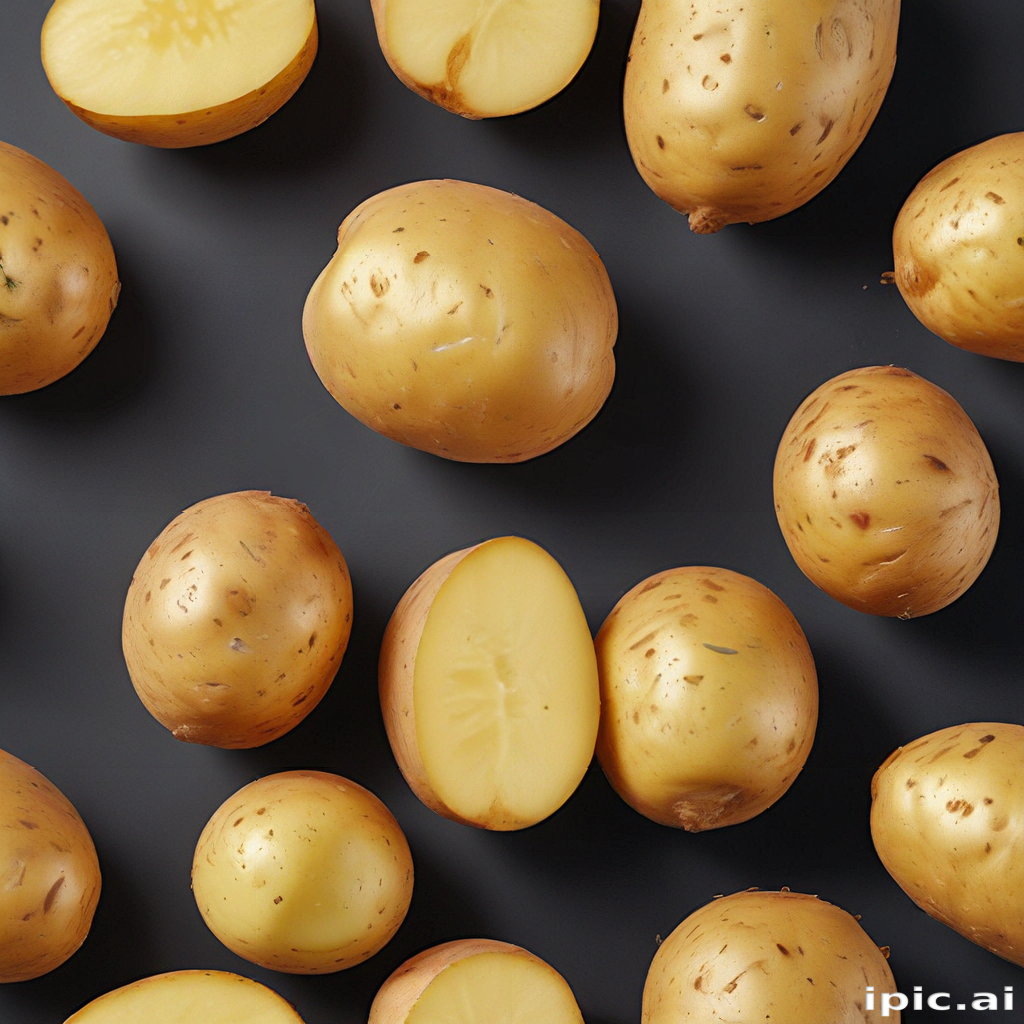 Fresh Potatoes Displayed on a Dark Background with Various Cuts