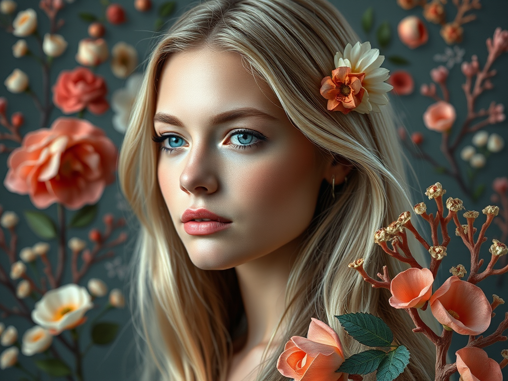 Create a hyper-realistic portrait of a young woman with long blonde ...