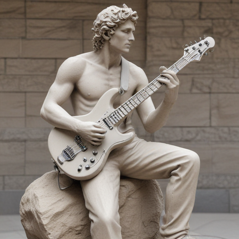 Rock band player made out of stone playing guitar, statue theme, realistic