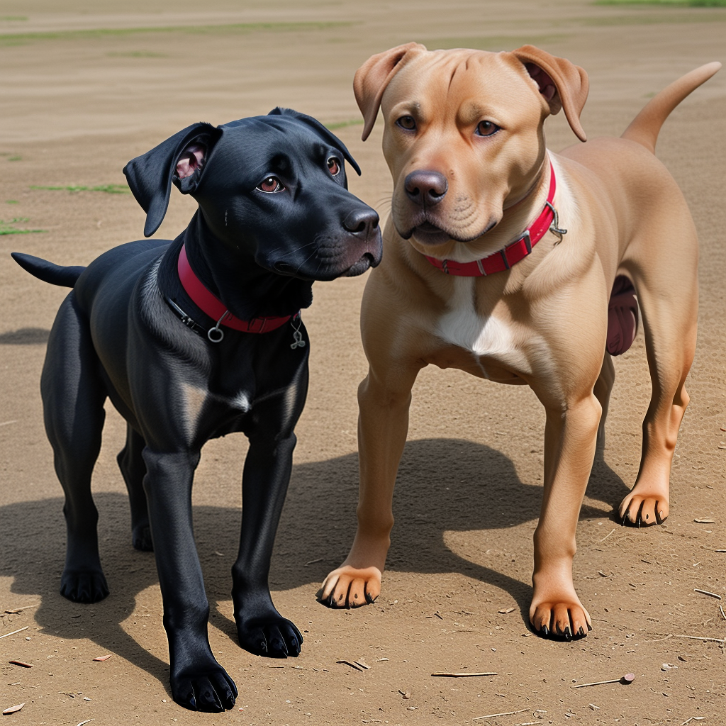 Two Playful Dogs Standing Together on a Sandy Outdoor Field