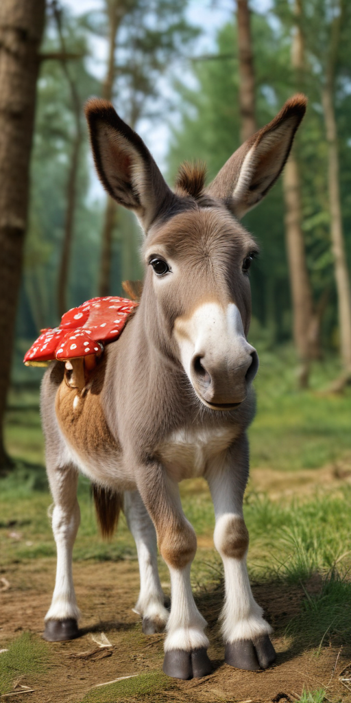 Cartoon donkey with mushrooms growing on its back side veiw
