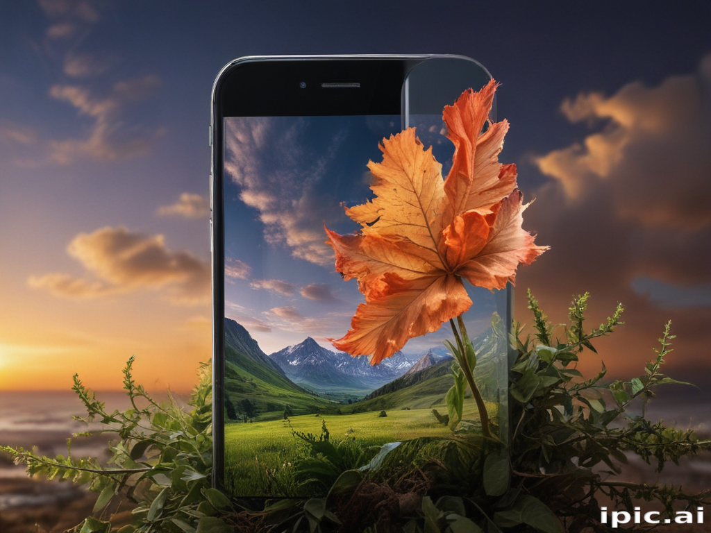 Nature and Technology Merge: A Leaf Emerging from a Smartphone Screen