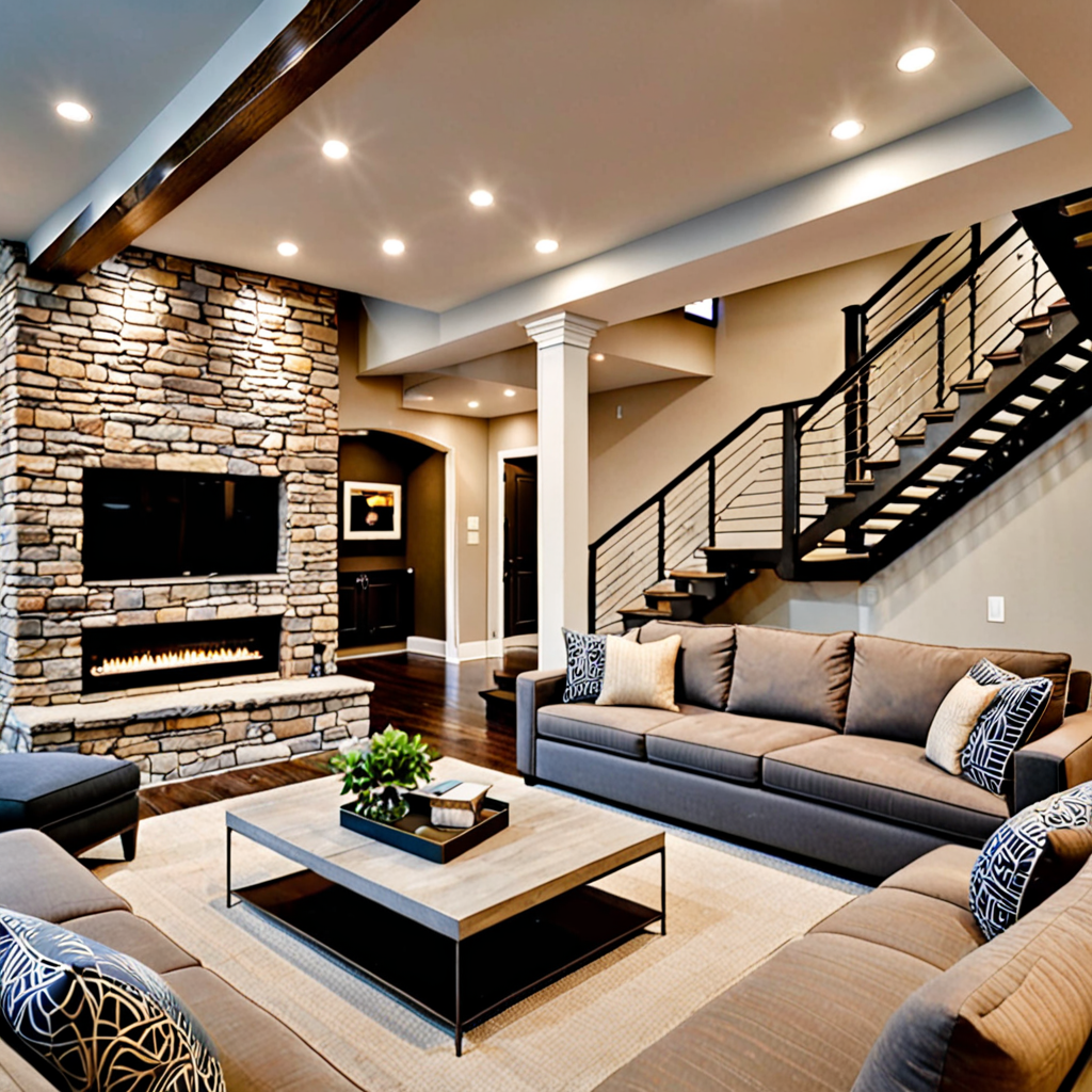 high end basement living area with couches, coffee tables, fireplace ...