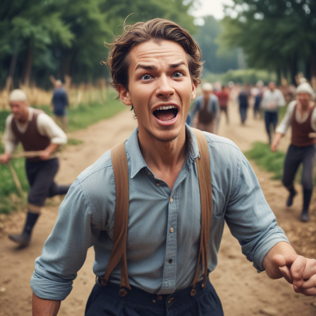 a silly looking peasant running past people with a confused look on his ...