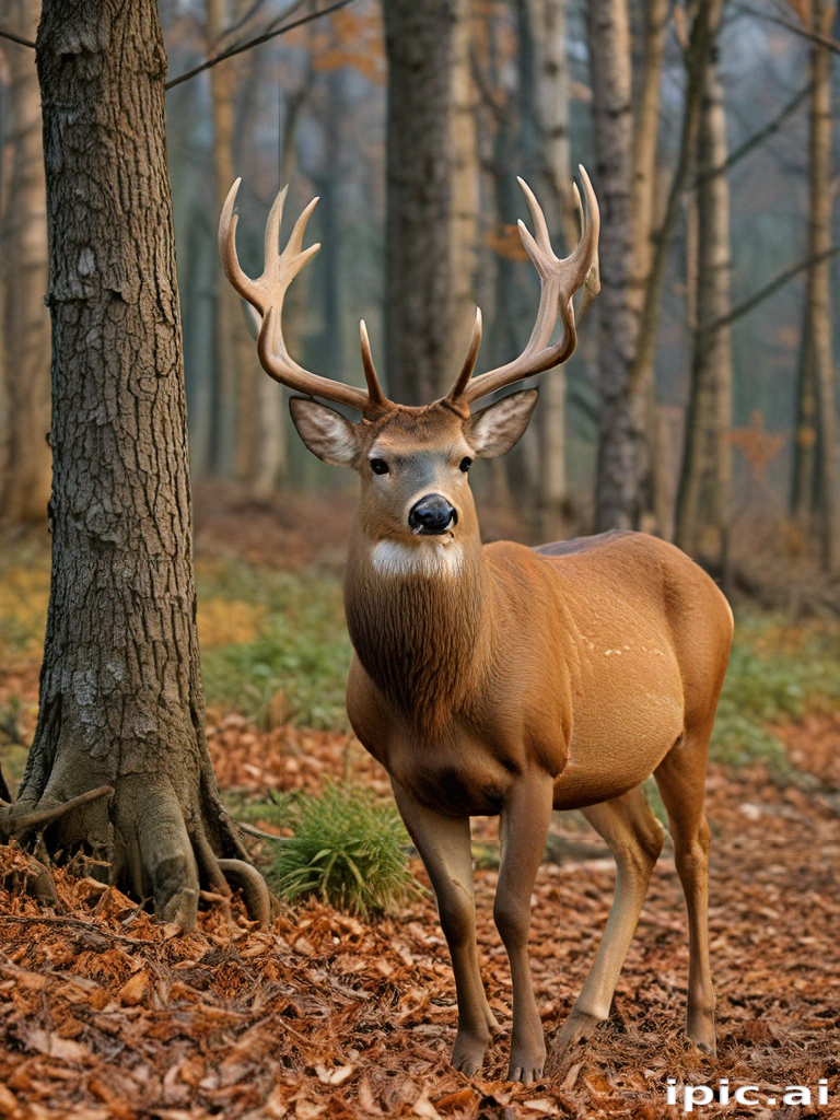 A Majestic Buck Stands Proudly Among Autumn Leaves in the Forest.