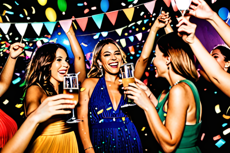 party in an open place with confetti, drinks and women
