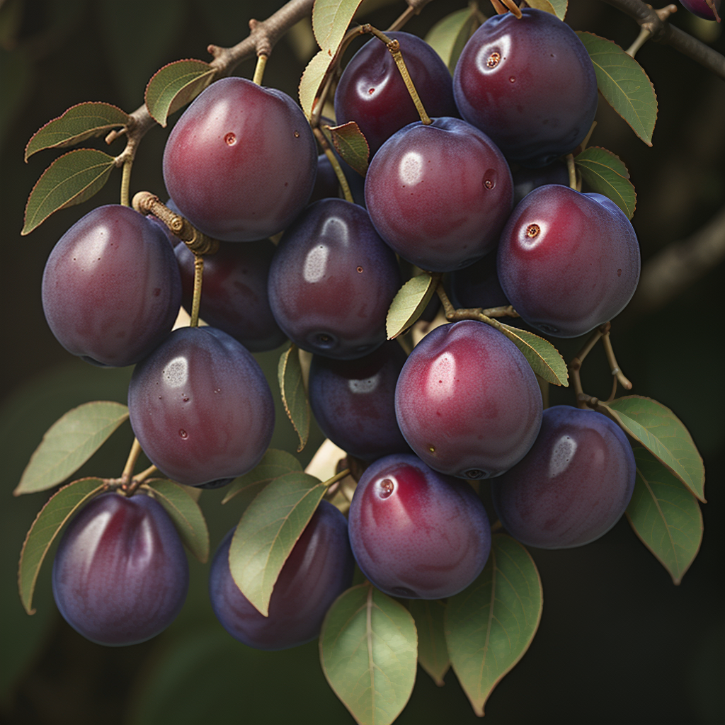 A Bountiful Cluster of Ripe Plums Hanging Amidst Lush Green Leaves