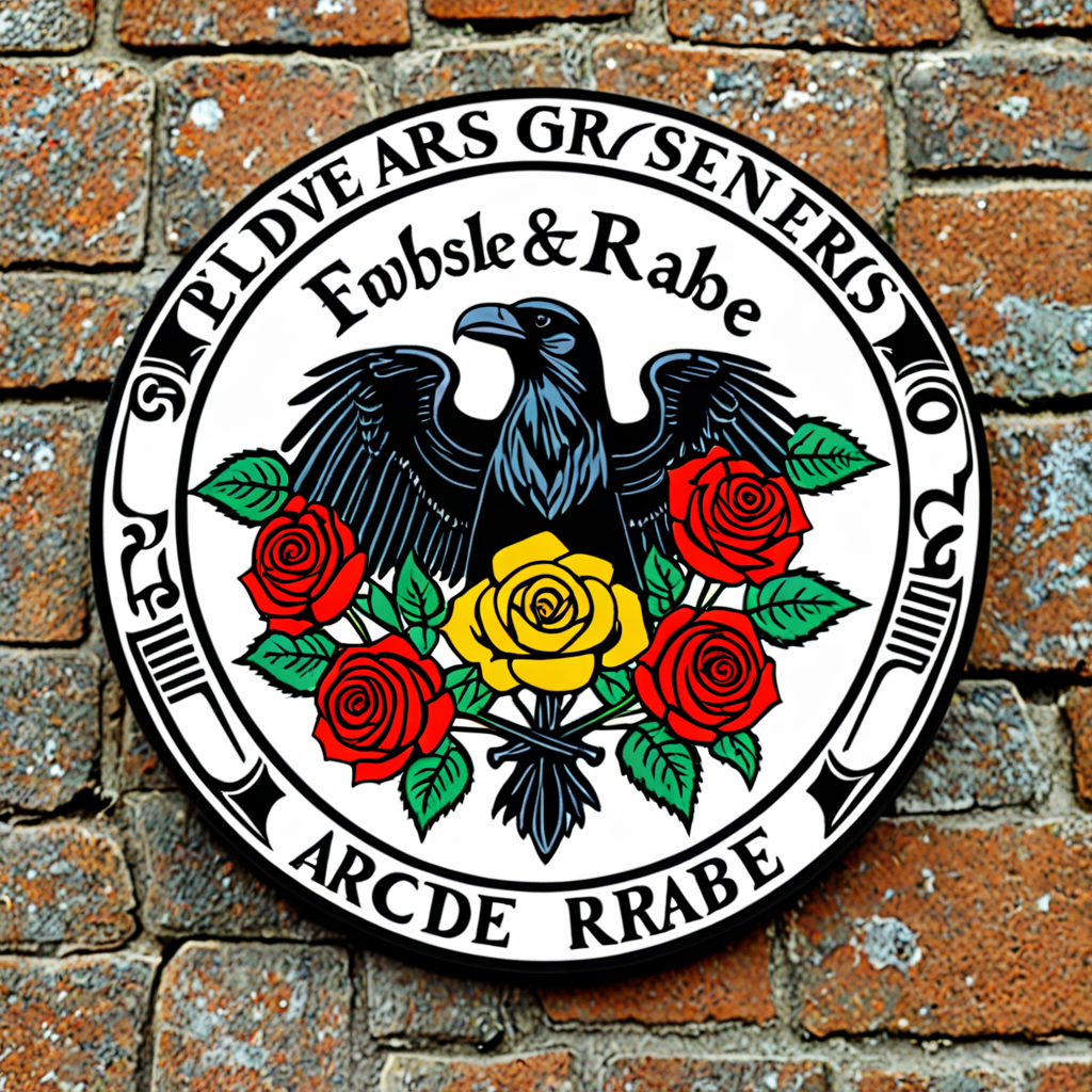 coat of arms, 1 raven, 3 roses, 2 swords designed as a patch, on a wall ...