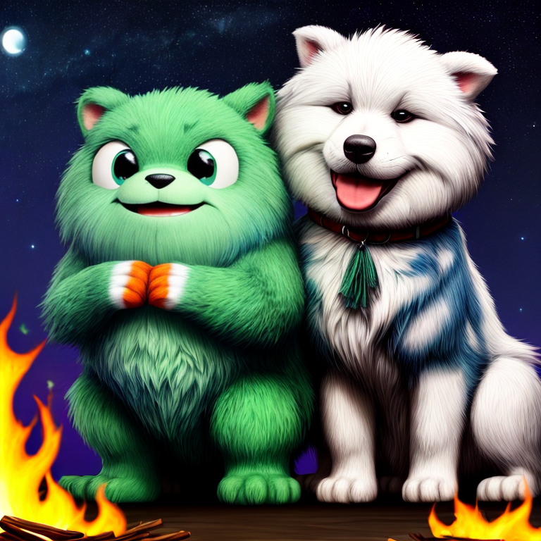 cute fluffy fat monster at night next to bonfire