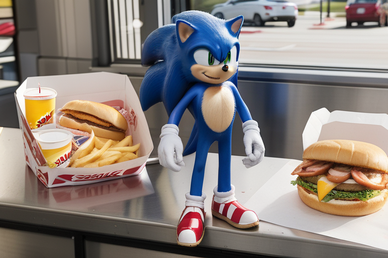 Sonic the Hedgehog Enjoys a Delicious Burger at Sonic Drive-In