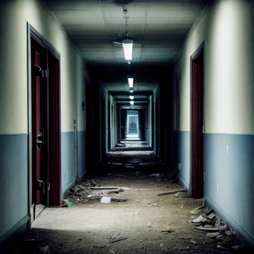 poorly lit abandoned hallway
