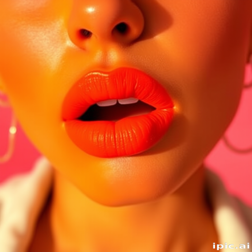 Vibrant Close-Up of Bold Orange Lips Against a Bright Pink Background