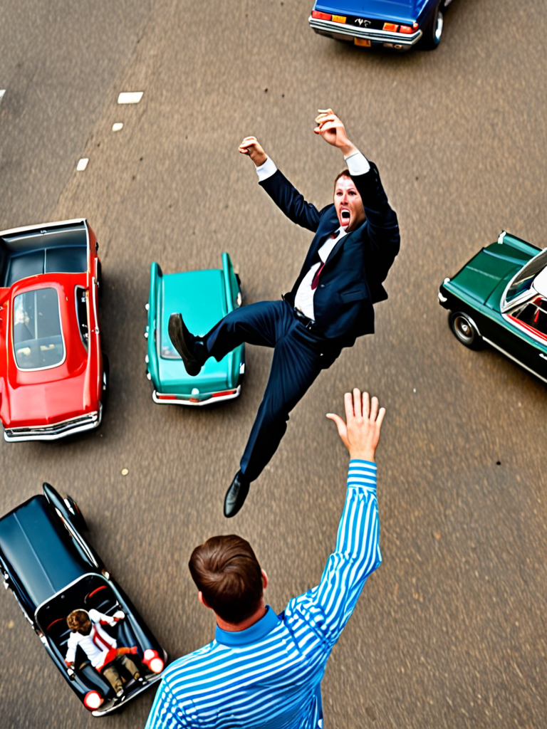 An overhead view of a man hitting three zombies with a flying kick in a ...