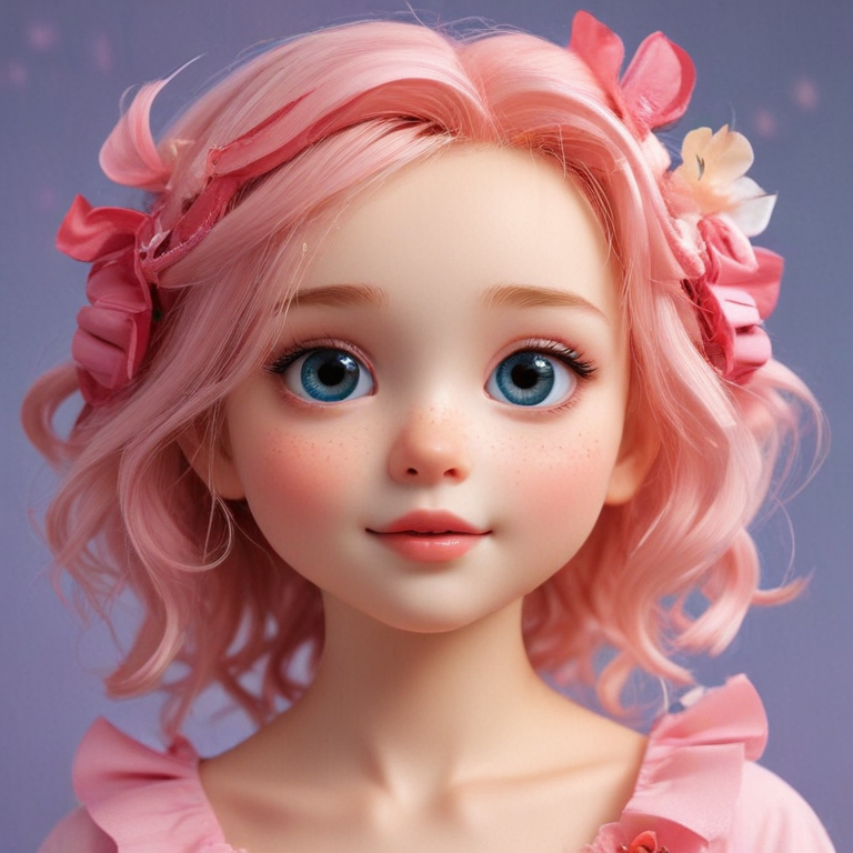 Delicate Doll with Pink Hair and Bright Blue Eyes Surrounded by Flowers