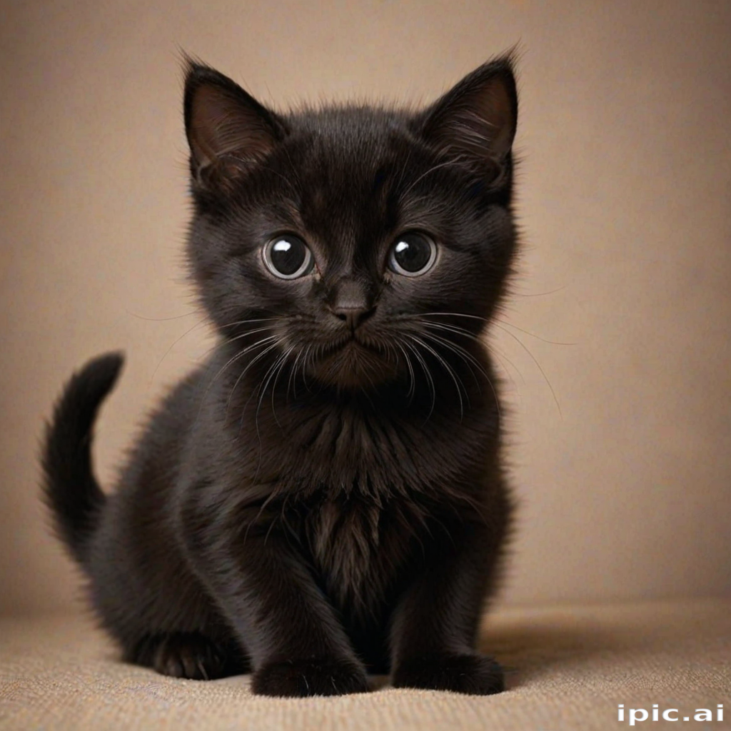 A Cute and Playful Black Kitten Sitting with Big, Expressive Eyes.