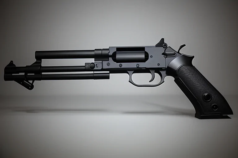 Detailed Close-Up of a Sleek Black Handgun on a Gray Background