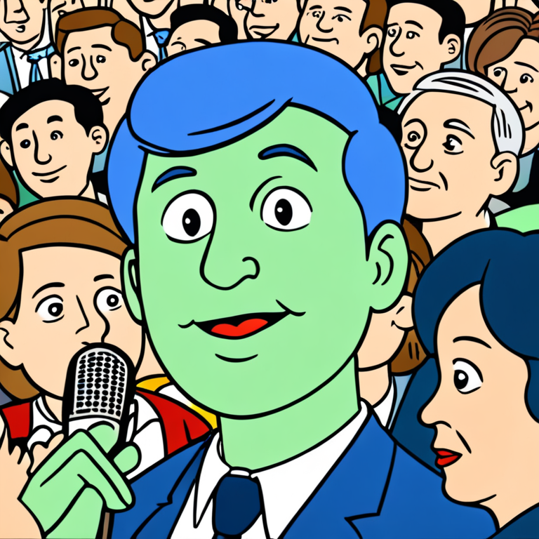 A blue-green CARTOON that is being interviewed in a crowd