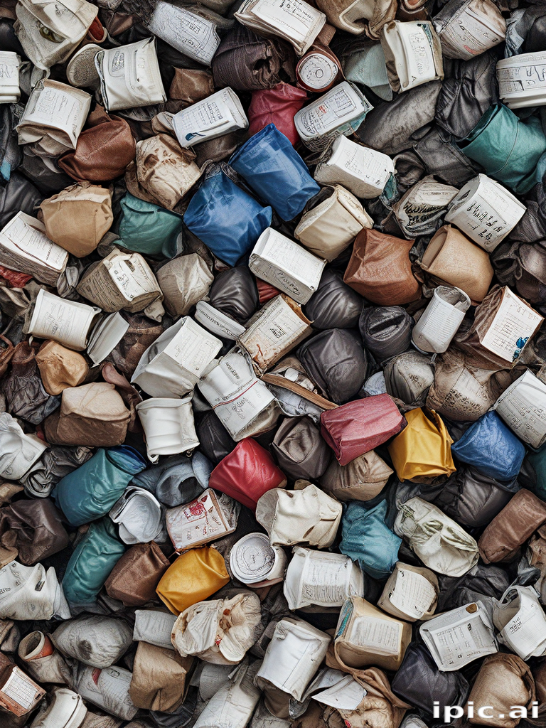 A Colorful Pile of Crumpled Packaging and Discarded Materials on Display.