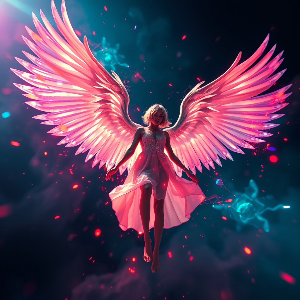A Radiant Angel with Vibrant Wings Descending Through a Mystical Realm
