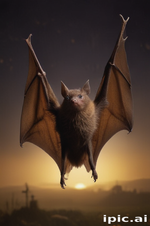 A Majestic Bat in Flight Against a Stunning Sunset Background.