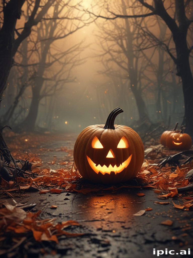 Spooky Halloween Night: A Glowing Pumpkin Amidst Dark, Foggy Forest Path