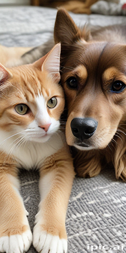 Adorable Cat and Dog Cuddling Together on a Cozy Blanket