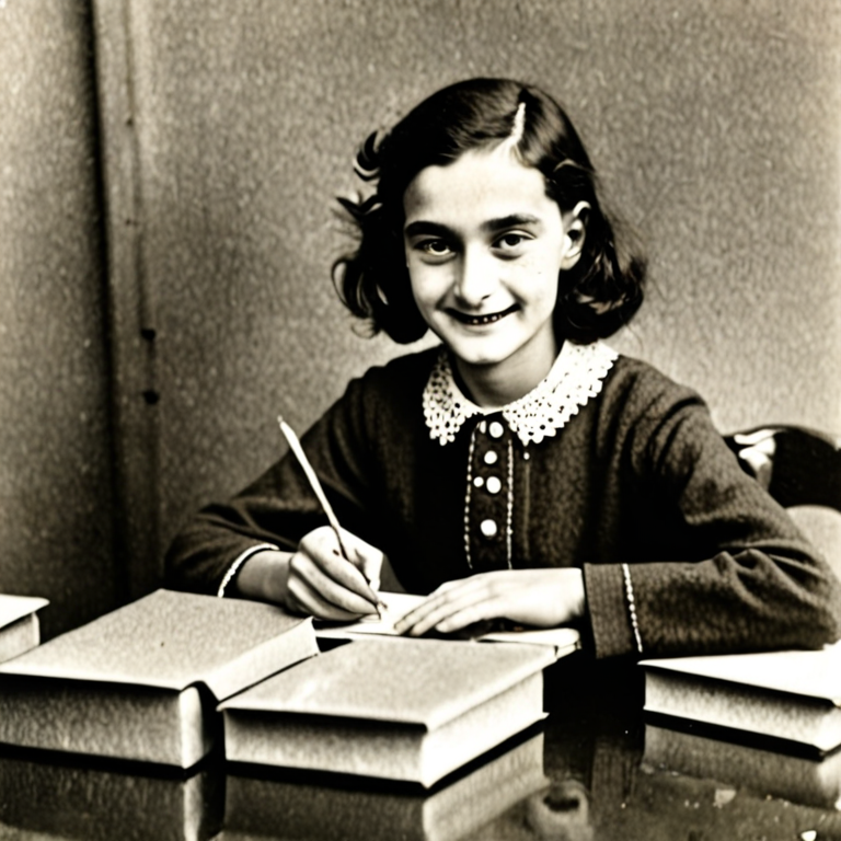 anne frank receiving a diary at her birthday party surrounded by gift boxes