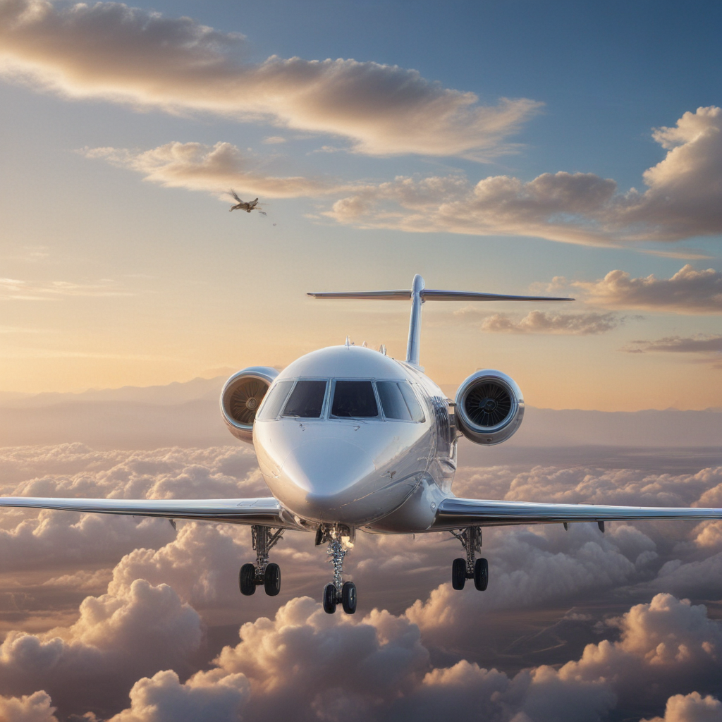 golden bitcoins flying out of a private jet