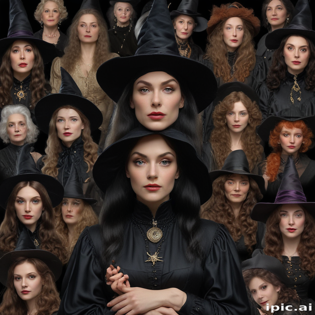 A Gathering of Enigmatic Witches in Elegant Black Attire and Hats