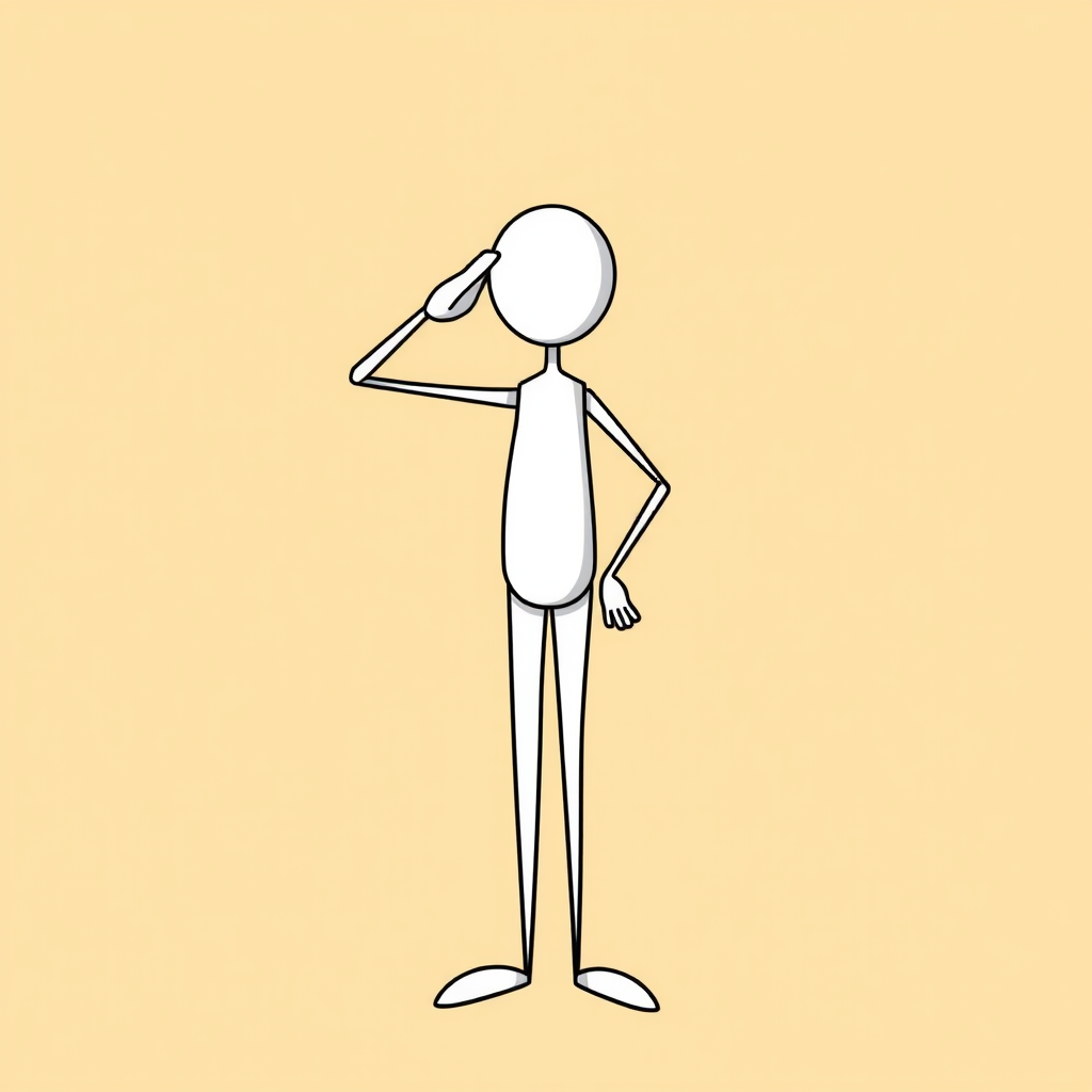A Stick Figure Saluting with a Thoughtful Pose Against a Bright Background.